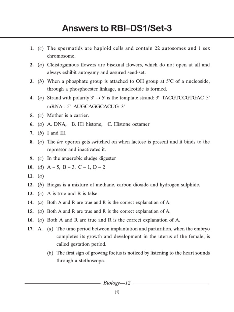 Biology-12 (DS1) Set-3 Answers | PDF