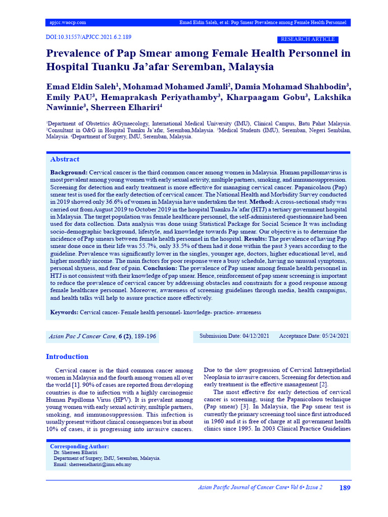 Prevalence of Pap Smear Among Female Health Personnel in Hospital ...