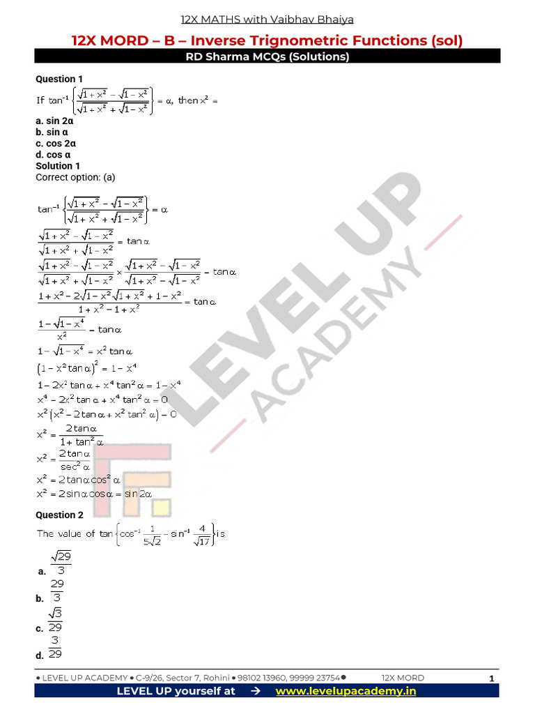 12X MORD - B - Inverse Trignometric Functions (Sol) | PDF ...