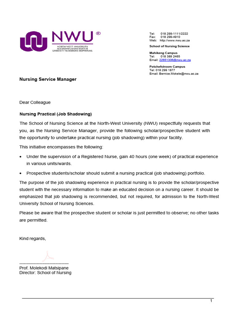 Nursing Job Shadowing Request Letter | PDF