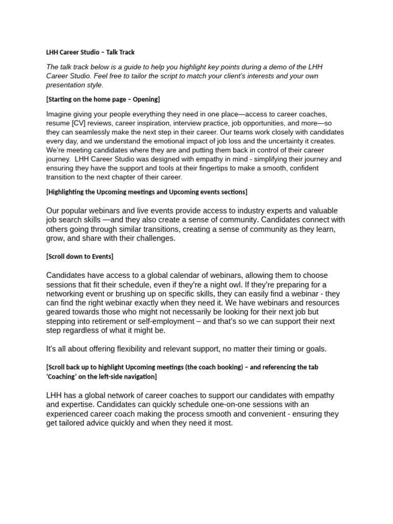 LHH Career Studio - Demo Talk Track | PDF | Résumé | Computing