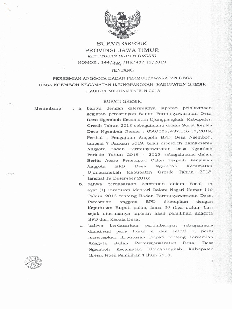 SK PENGANGKATAN AWAL BPD NGEMBOH | PDF