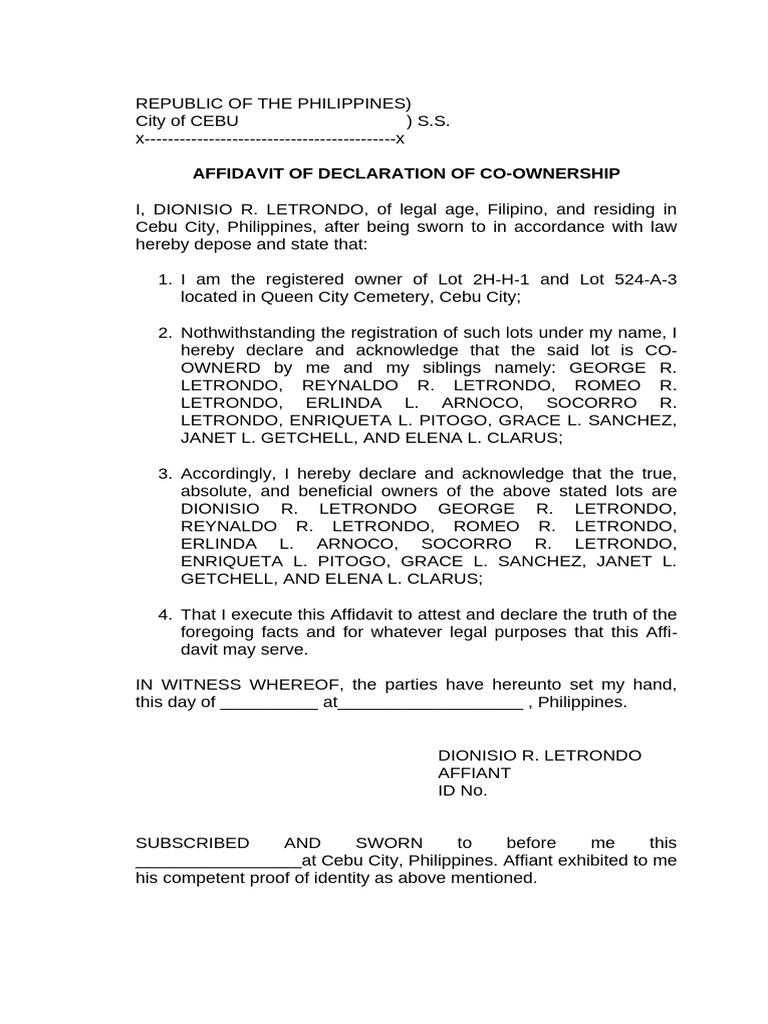 Co-Ownership Declaration Affidavit | PDF