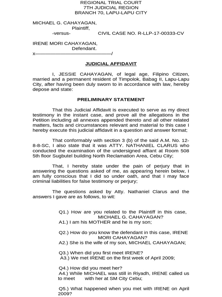 Amended Judicial Affidavit of Cahayagan | PDF