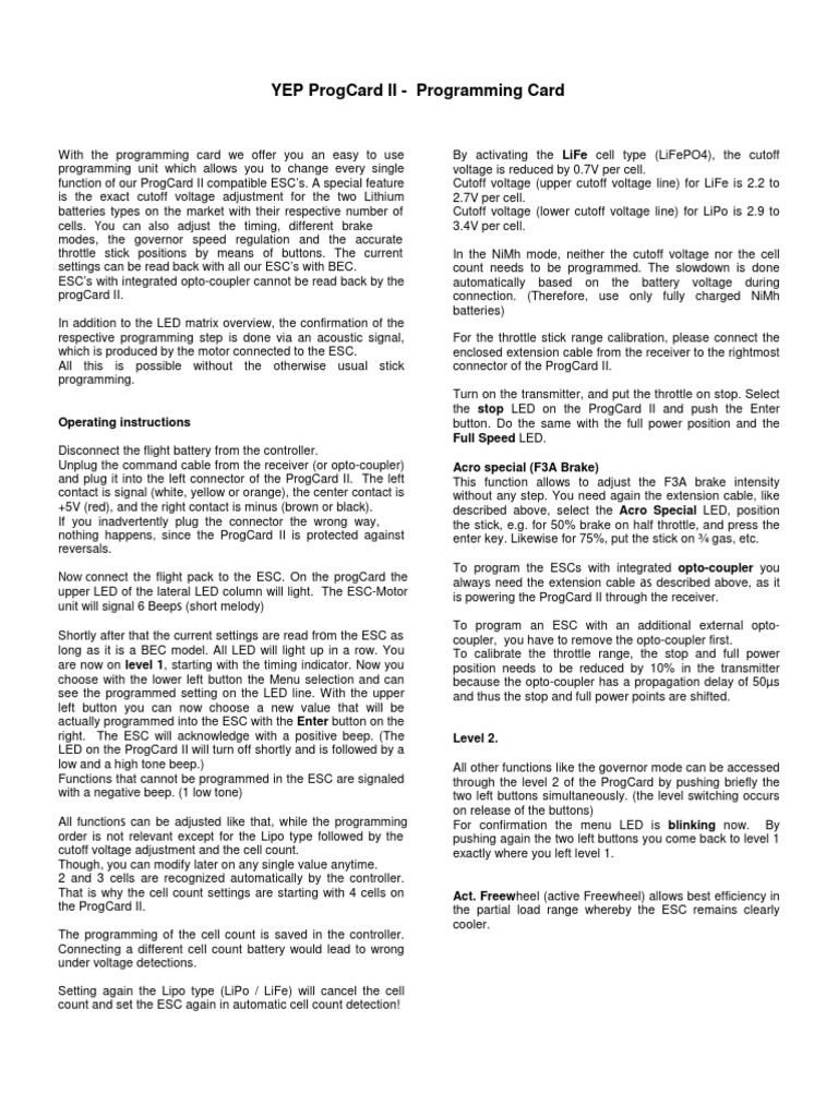 Manual for Yep Esc Programme Card | PDF | Throttle | Electronics