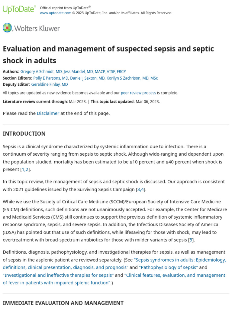 Evaluation and Management of Suspected Sepsis and Septic Shock in ...