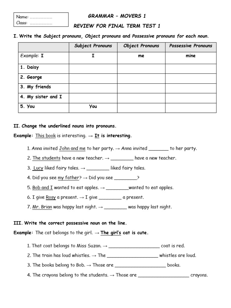 Movers 1 Grammar Review Guide | PDF | Pronoun | Language Mechanics
