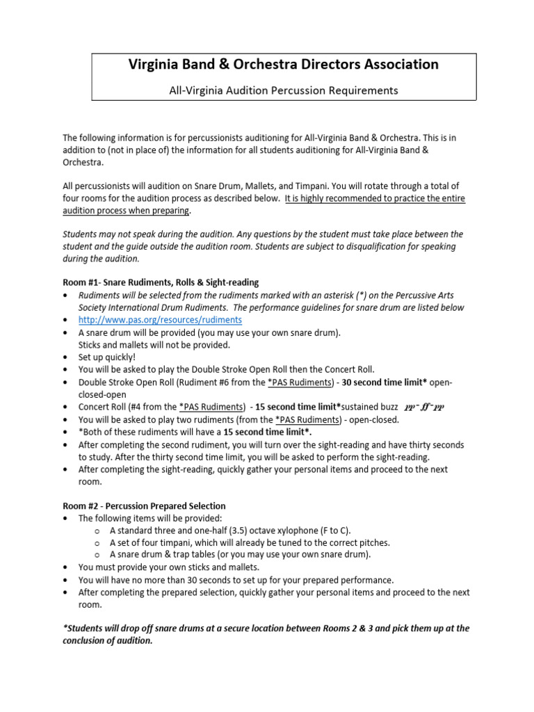 VBODA Percussion Requirements | PDF | Musical Instruments | Drumming