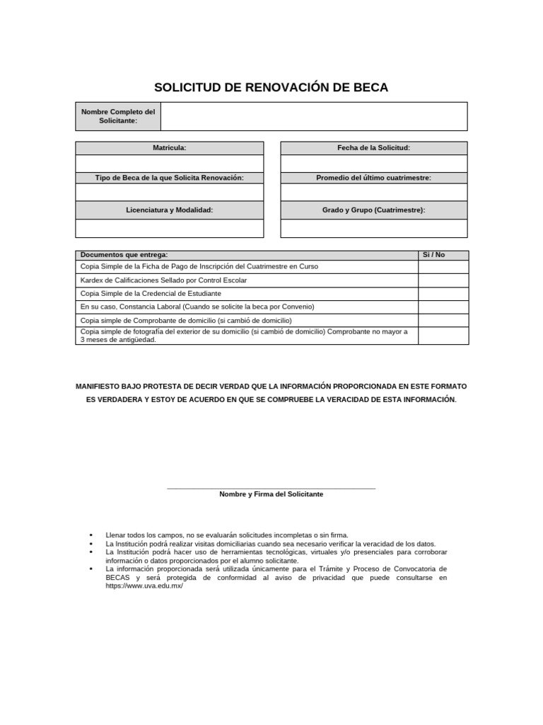 Formato de Solicitud de Renovación de Beca | PDF