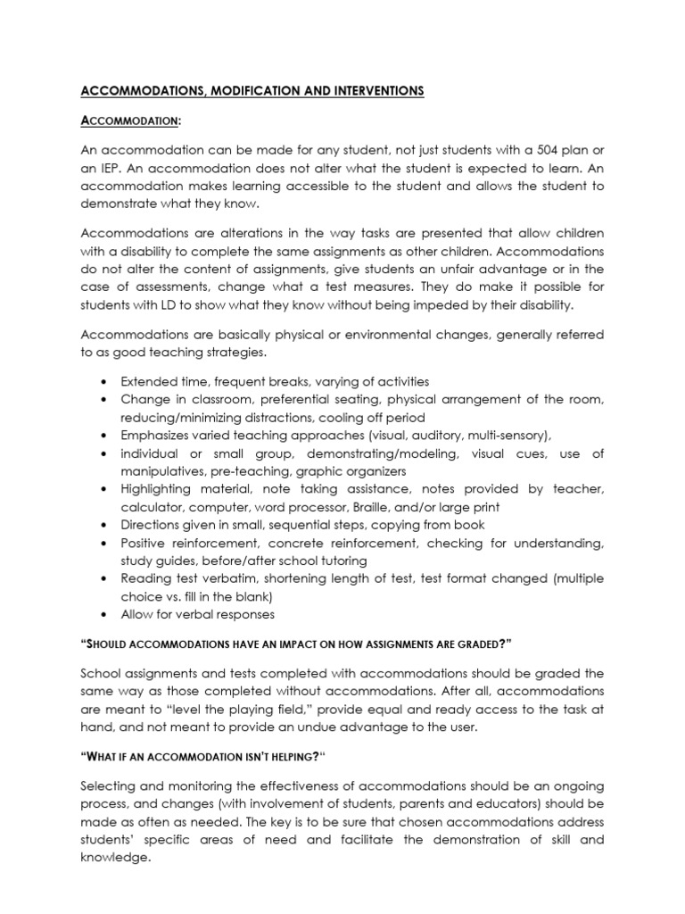 Accommodations Modification Interventions | PDF | Reading Comprehension ...