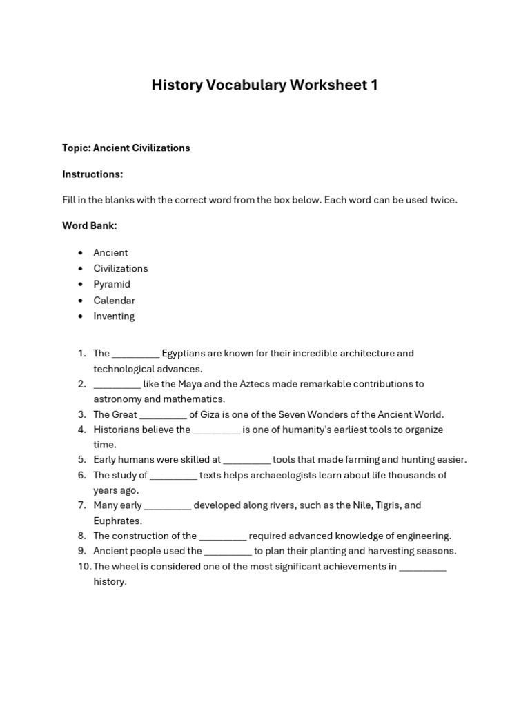 History Vocabulary Worksheet | PDF | Ancient Egypt | Egyptian Pyramids