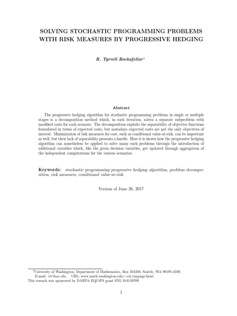 rockafellar 2017 Progressive hedging | PDF | Value At Risk | Expected Value