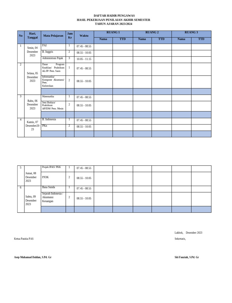 Contoh Daftar Hadir Pengawas | PDF