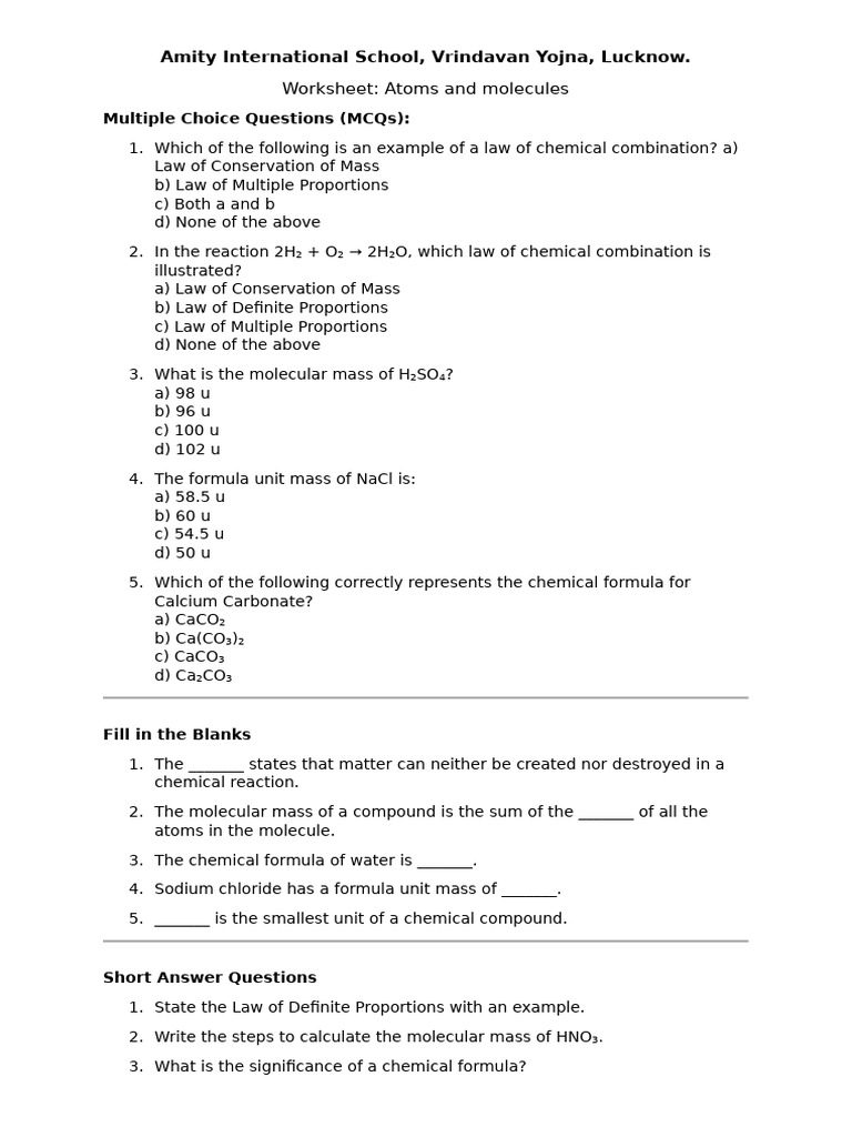 Worksheet - Full Unit - Atoms and Molecules | PDF | Molecules ...
