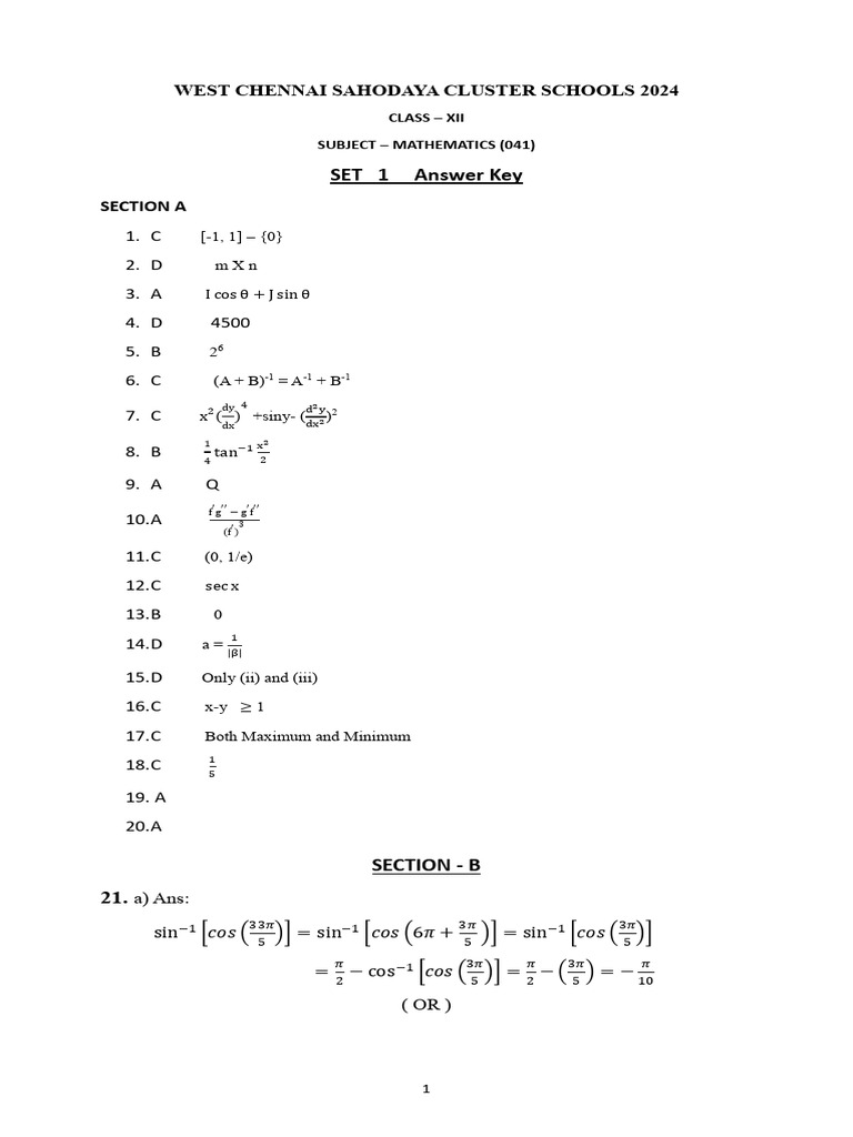 XII _ Math ANSWER KEY SET 1 WCSC XII 2024 | PDF | Mathematical Physics | Mathematics