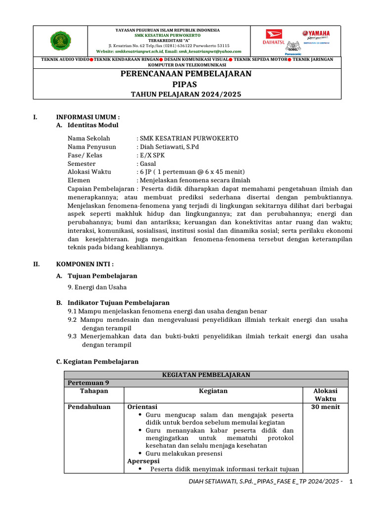 09. PERENCANAAN PEMBELAJARAN_TP 9_KST_PIPAS_KELAS X SPK_DIAH SETIAWATI_TP 2024_2025 cadangan | PDF