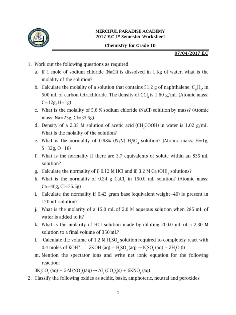 Grade 10 Chemistry Worksheet 2017 E.C | PDF