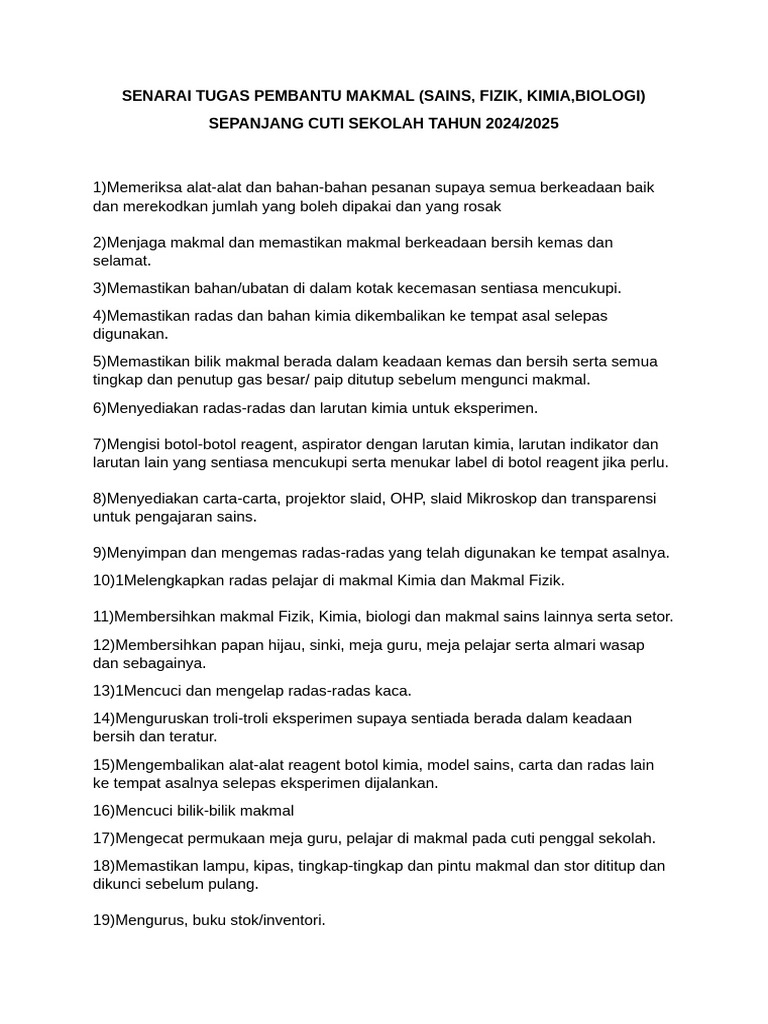 Senarai Tugas Pembantu Makmal Sepanjang Cuti Sekolah | PDF