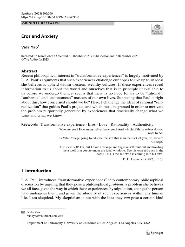 Eros+and+Anxiety%2C+Vida+Yao | PDF | Experience | Rationality