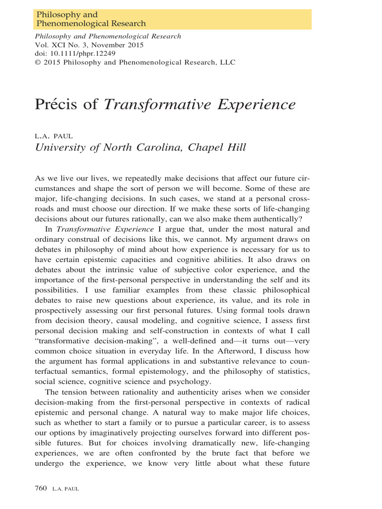 Précis of Transformative Experience | PDF | Experience | Rationality