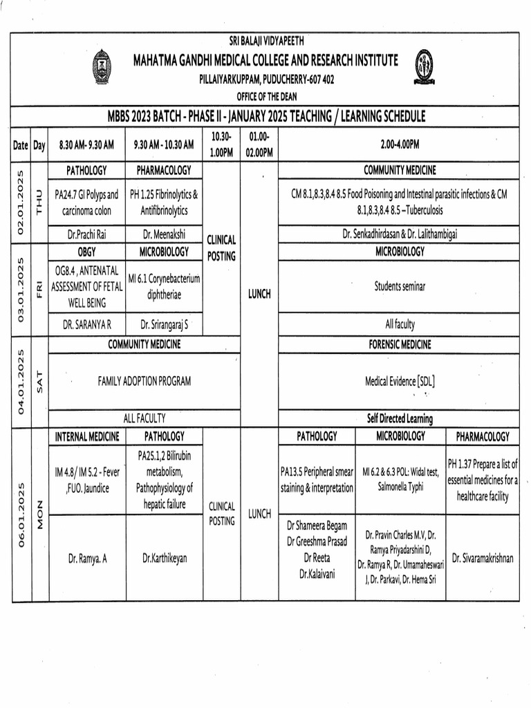 MBBS 2023 Batch Phase II January 2025 Teaching Schedule | PDF