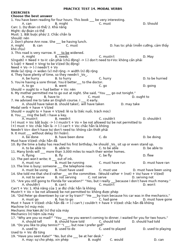 Practice Test 14.modal Verbs | PDF | Intelligence Quotient | Cognition