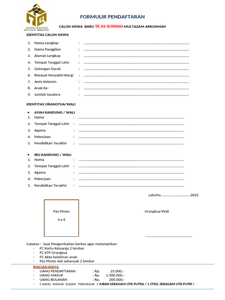FORMULIR PENDAFTARAN TK NEW | PDF