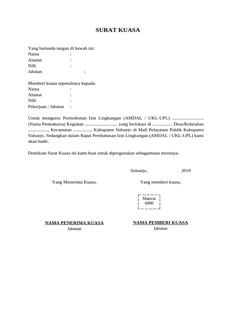 Surat Kuasa Pengurusan Dokling (AMDAL, UKL-UPL) | PDF