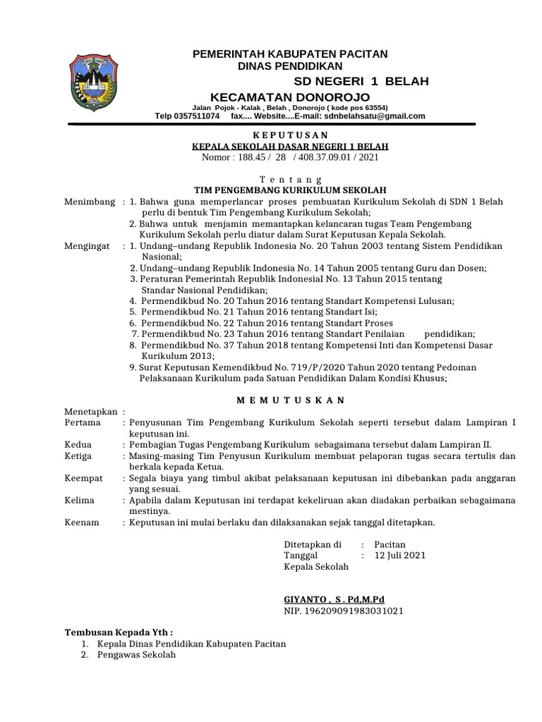 SK Tim Pengembang Kurikulum SDN 1 Belah | PDF