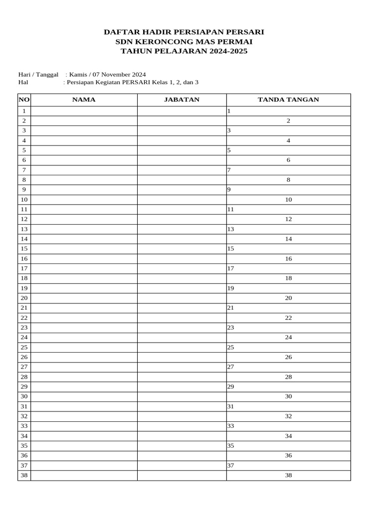 Daftar Hadir Persiapan PERSARI 2024 | PDF