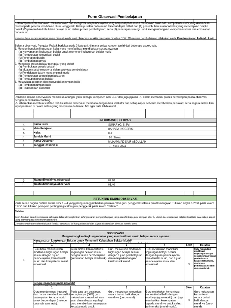 Instrumen Observasi Kelas | PDF
