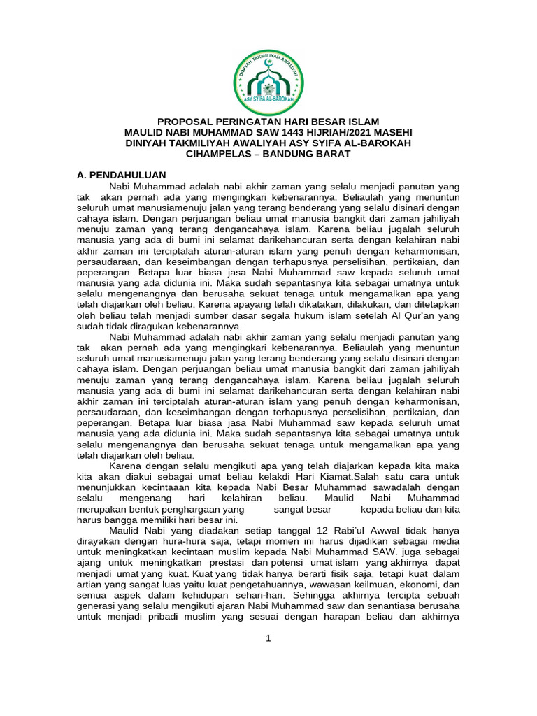 Proposal Peringatan Hari Besar Islam Majlis Asy Syifa 2021_1443 Hijriah | PDF