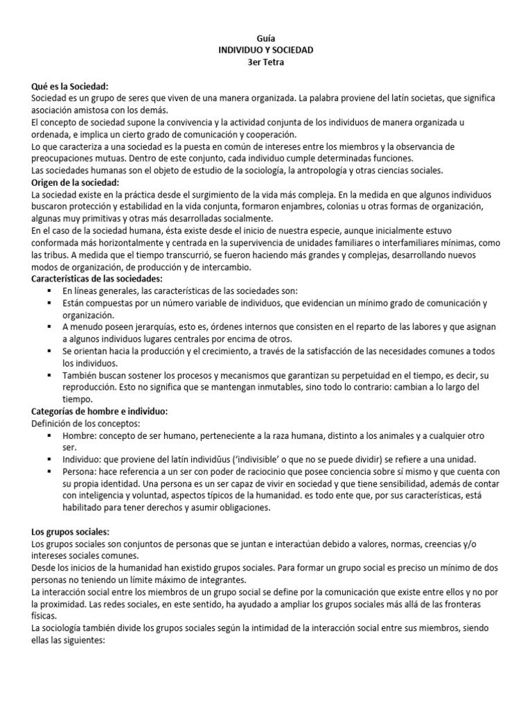 Guía INDIVIDUO Y SOCIEDAD Completa | PDF | Sociedad | Socialización