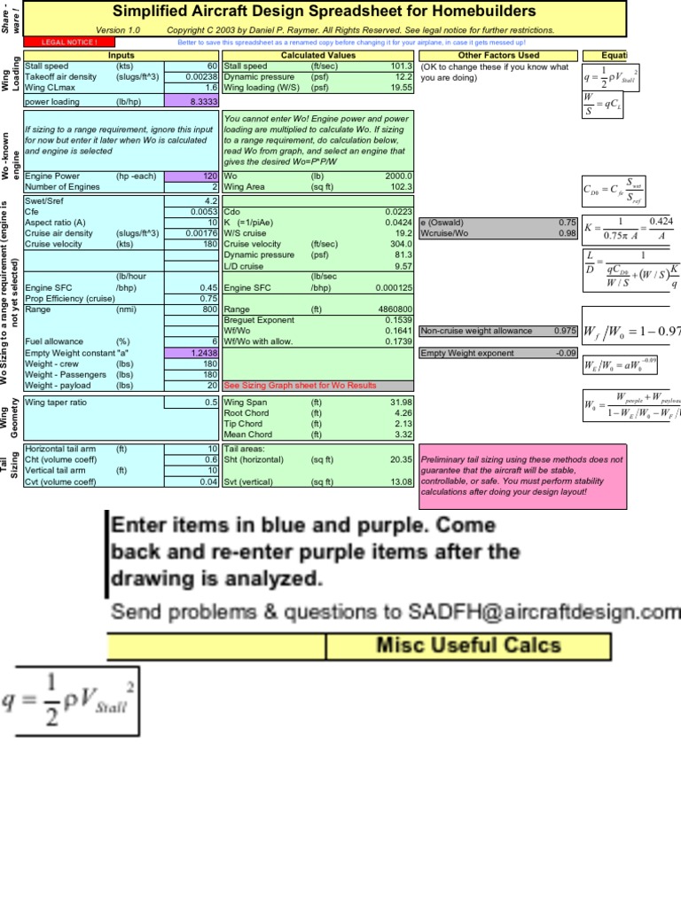 Raymer Simplified Aircraft Design Spreadsheet | PDF | Thrust | Landing Gear