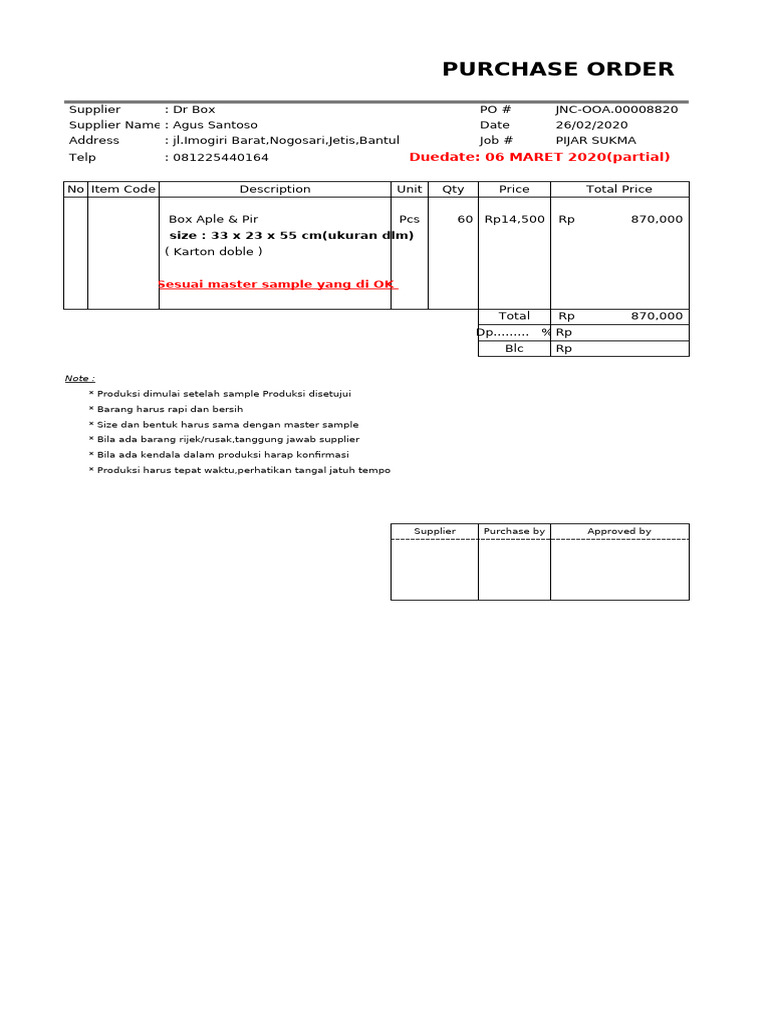 Contoh Purchase Order Dr Box | PDF