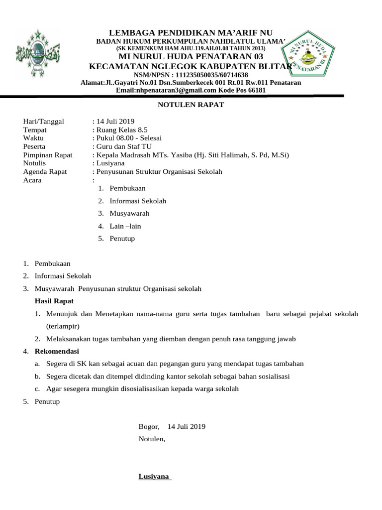 Notulen Rapat Penyusunan Struktur Organisasi Sekolah | PDF