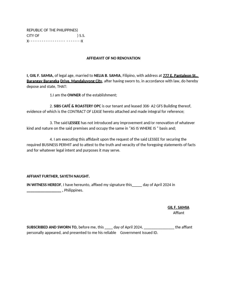 Affidavit of No Renovation | PDF