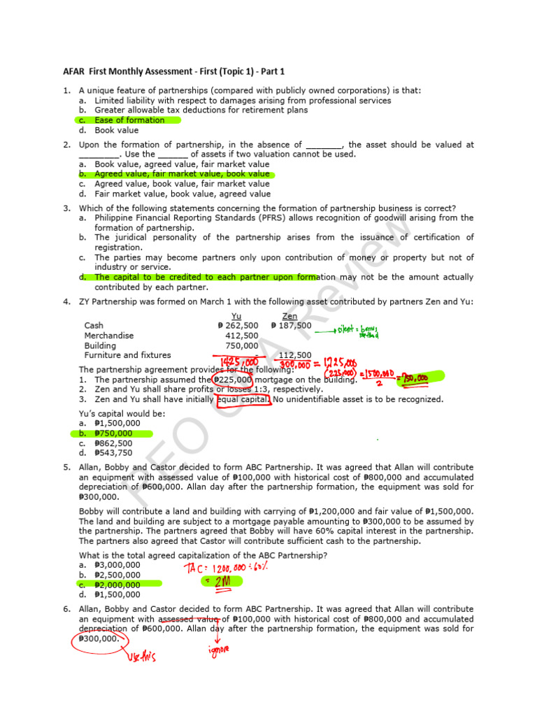 AFAR First Monthly Assessment First Topic 1 Part 1 | PDF | Partnership | Debits And Credits