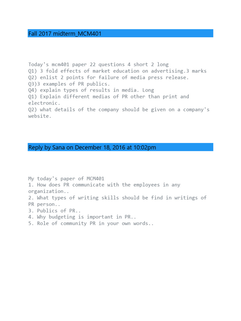 Fall 2017 Midterm - MCM401 | PDF