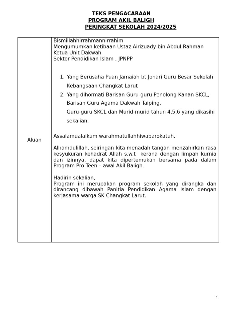 Teks MC Program Akil Baligh | PDF