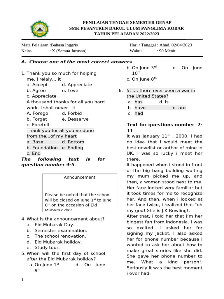 Uts B.ing KLS 10 Semester Genap | PDF | Microsoft