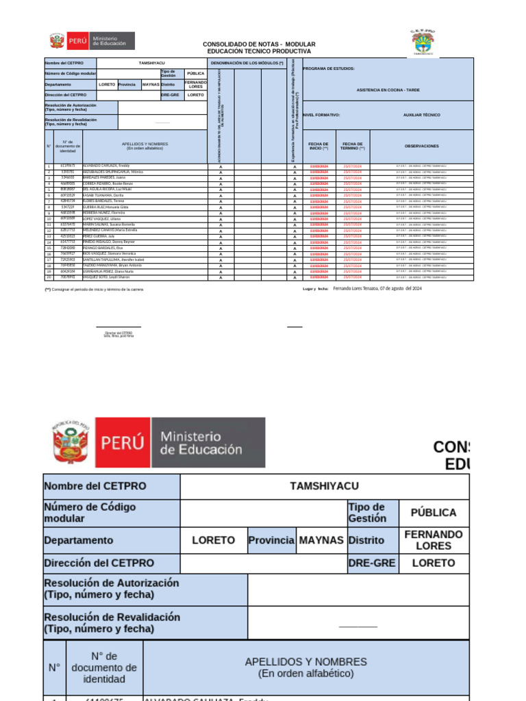 Modelo de Consolidado de Notas-Modular-Asistencia en Cocina-Tarde-Cetpro T-2024 | PDF