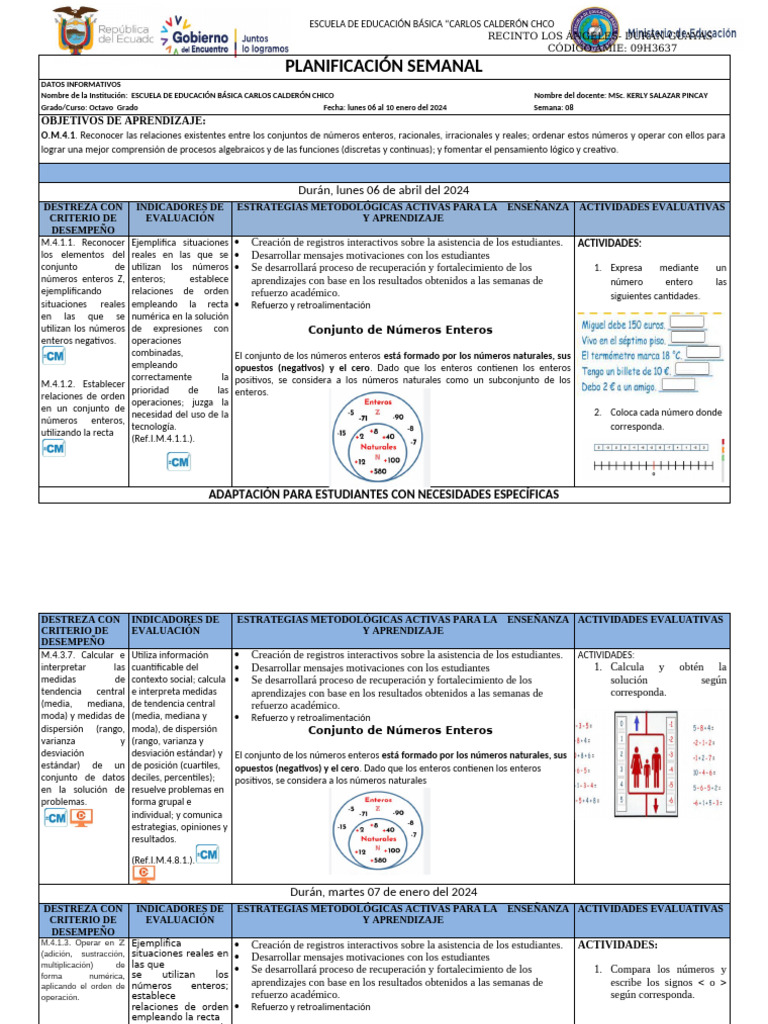 Planificación Semanal Matemáticas 8° Grado | PDF | Números | Entero