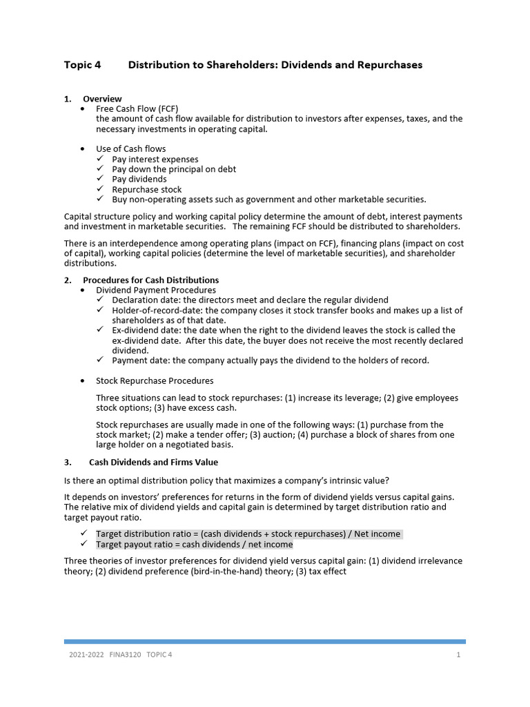 Topic 4 Distribution To Shareholders - Dividends and Repurhases - 2024 ...