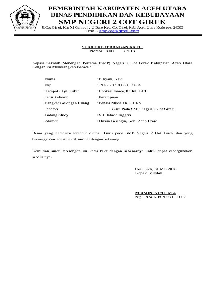Surat Keterangan Aktif Guru SMP Cot Girek | PDF