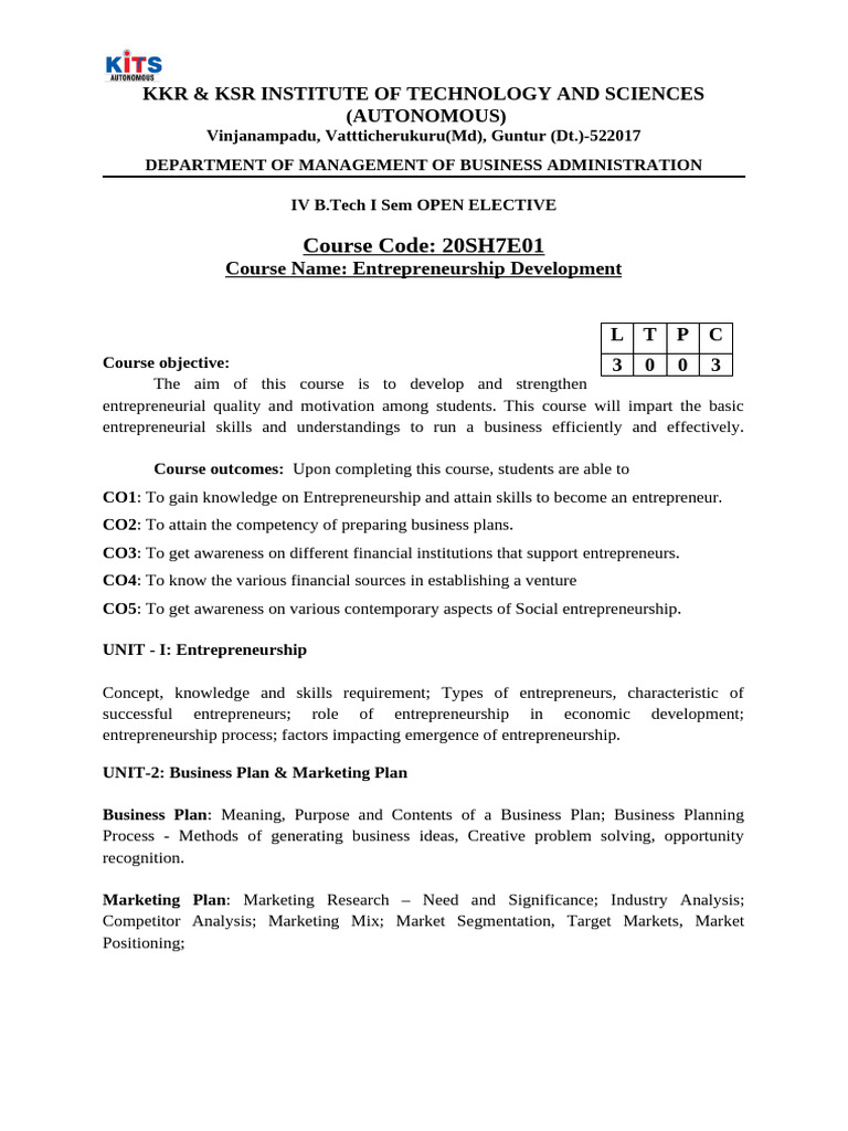 ED Syllabus R20 | PDF | Entrepreneurship | Marketing