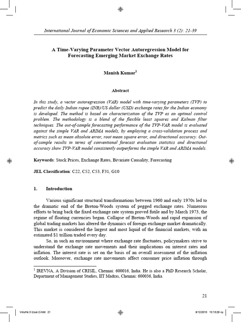 TimeVaryingParameterVARMethod.MKumar2011 | PDF | Vector Autoregression | Forecasting