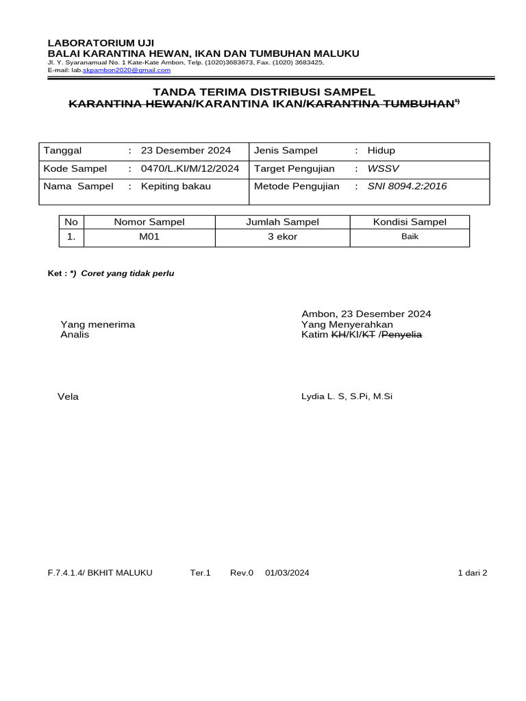 Tanda Terima Distribusi Sampel Karantina Hewan/Karantina Ikan/Karantina Tumbuhan | PDF