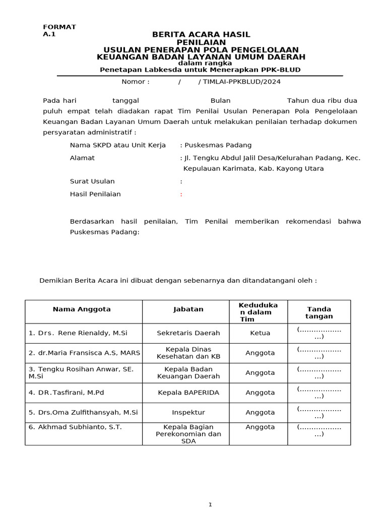 BA Penilaian PPK BLUD Puskesmas Padang 2024 | PDF
