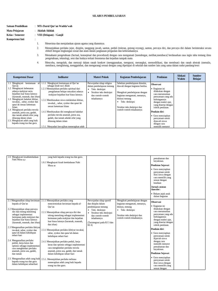 Silabus Akidah Aklak Kelas 8 SEM 1 2023 2024 | PDF
